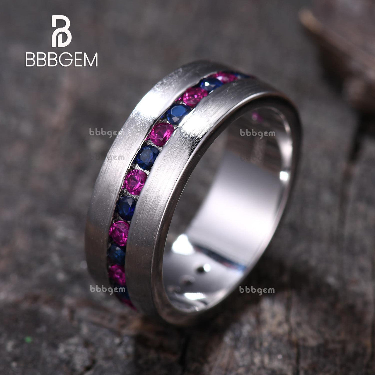 7mm Lab Sapphire & Ruby Men's Wedding Band White Gold Channel Set | BBBGEM