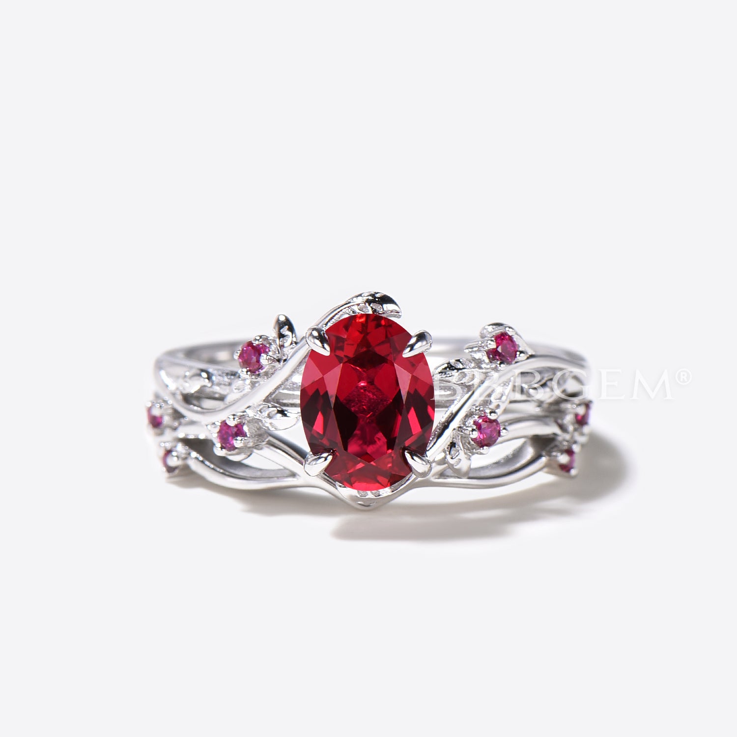 Oval Red Ruby Engagement Ring Nature Inspired Leaf Wedding Ring Set ...