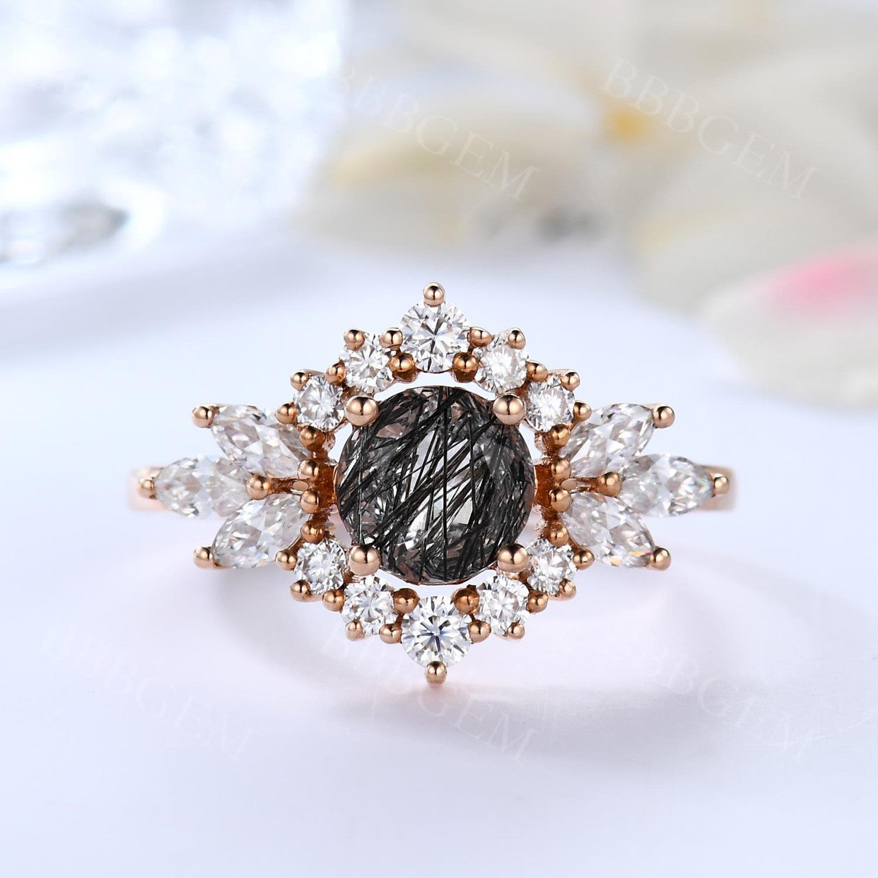 Cluster Round Halo Black Rutilated Quartz Statement Ring | BBBGEM